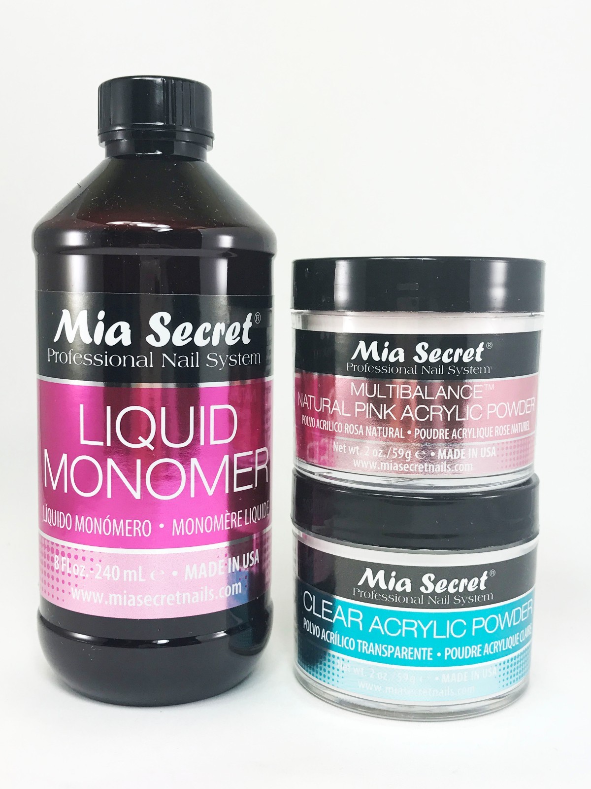 MIA SECRET LIQUID MONOMER 8oz & ACRYLIC POWDER 4 COLORS 4 / 8oz ...