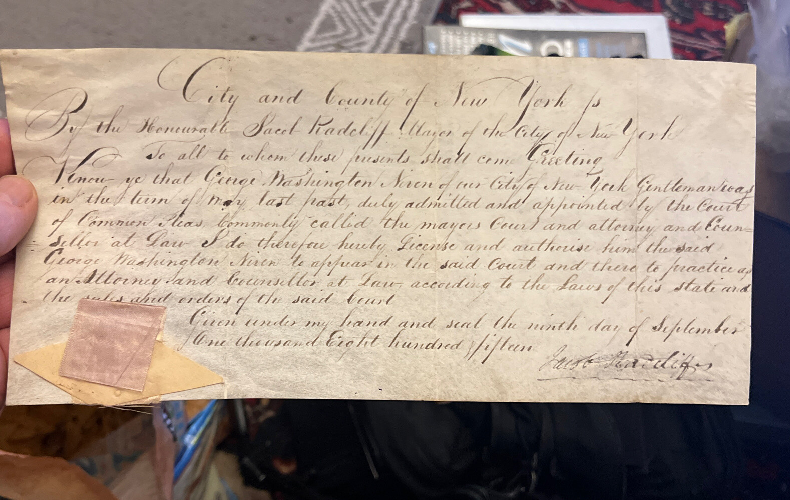 NYC Bar Acceptance Cert. George Washington Niven 1815 Society of the ...