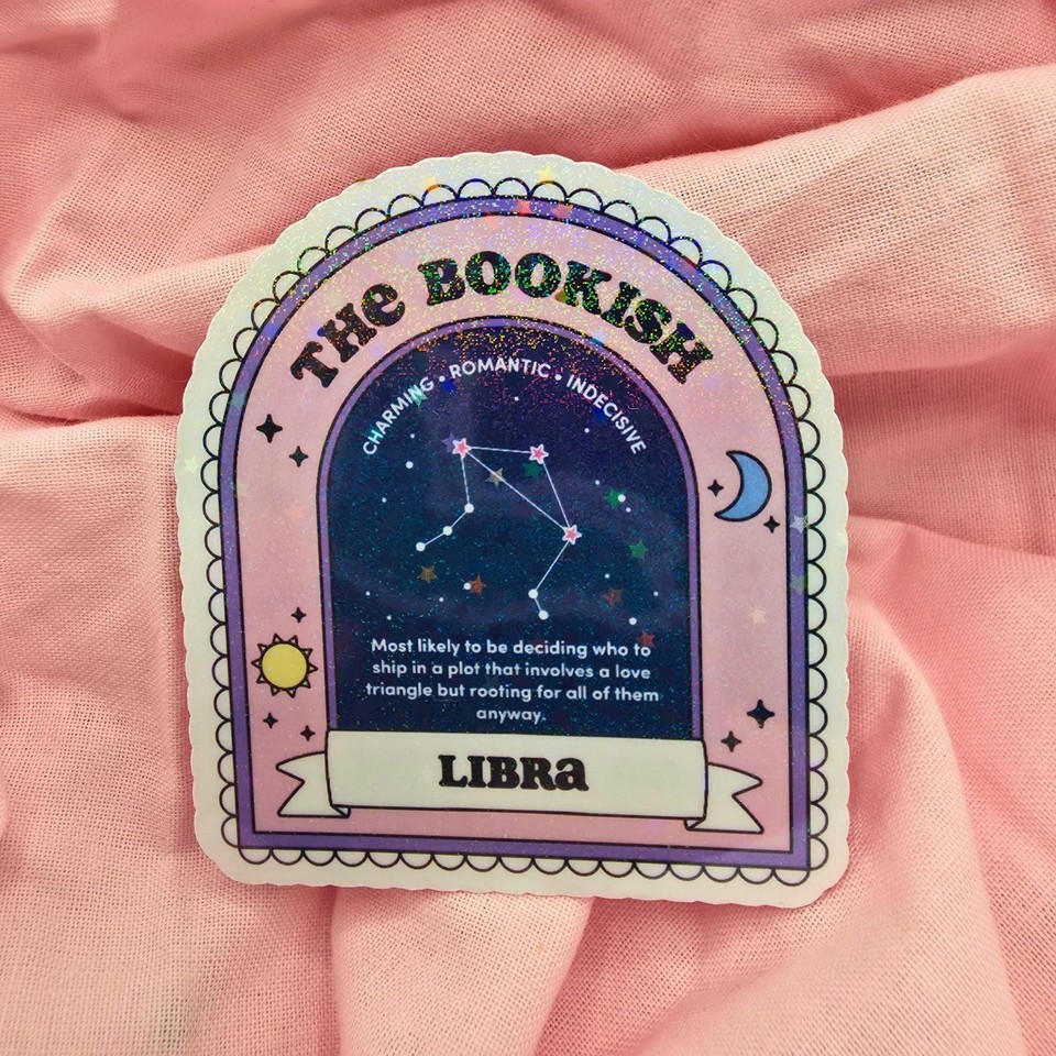 Bookish Libra Sticker Glitter Star Holo Vinyl Waterproof Zodiac Gift UK ...