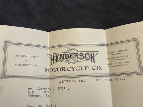 1917 Henderson Motorcycle Letter Brochure Engine Ad w/Envelope Detroit ...