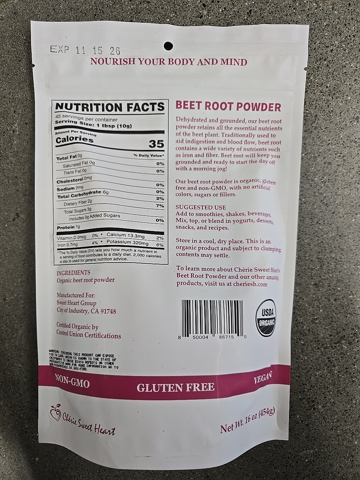 Cherie Sweet Heart Certified Organic Raw Beet Root Powder 16 oz ...