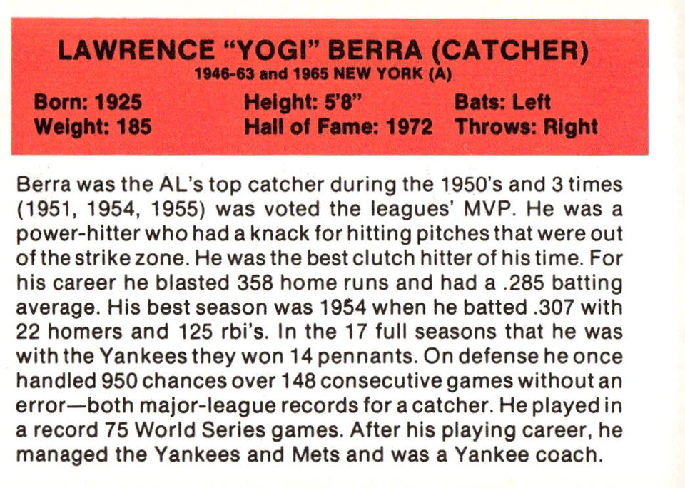 1987 Hygrade All-Time Greats #NNO Yogi Berra Hat logo not visible | eBay