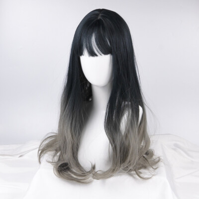 Midnight Blue To Ash Grey Synthetic Wigs Ombre Long Length Wig With ...
