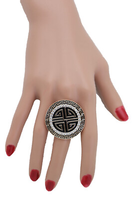 Women Gold Silver Color Metal Round Ring Fashion Elastic Band Designer ...