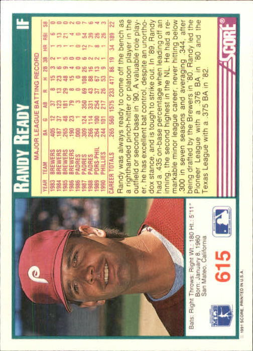 1991 Score Philadelphia Phillies Baseball Card #615 Randy Ready | eBay