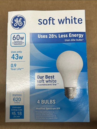 GE 60 Watt A19 Soft White Lightbulbs 620 Lumens 4 Basic Bulbs 66247-1 ...