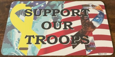 Support Our Troops Booster License Plate Military Yellow Ribbon US Flag ...