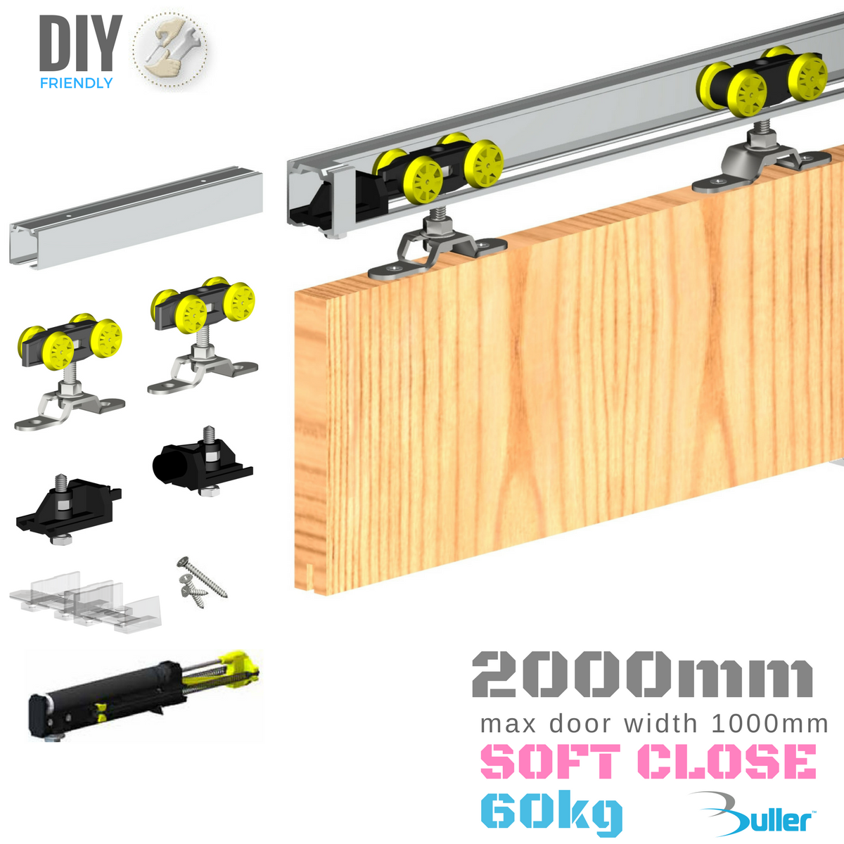 Soft Close Sliding Door Gear Track Kit System 2000mm Track (max 1000mm ...