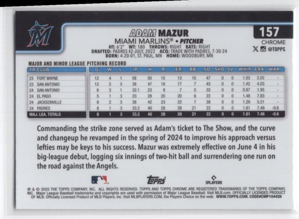 #157 2025 Topps Chrome X-FRACTOR = Adam Mazur RC Marlins | eBay