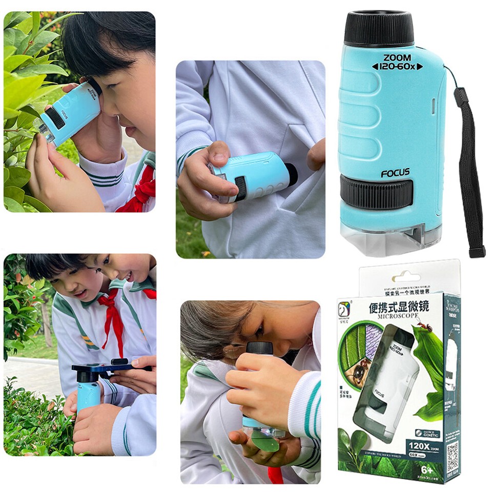 Mini Pocket Microscope Lab LED Light 60-120x Kids Science Toy (Blue ...