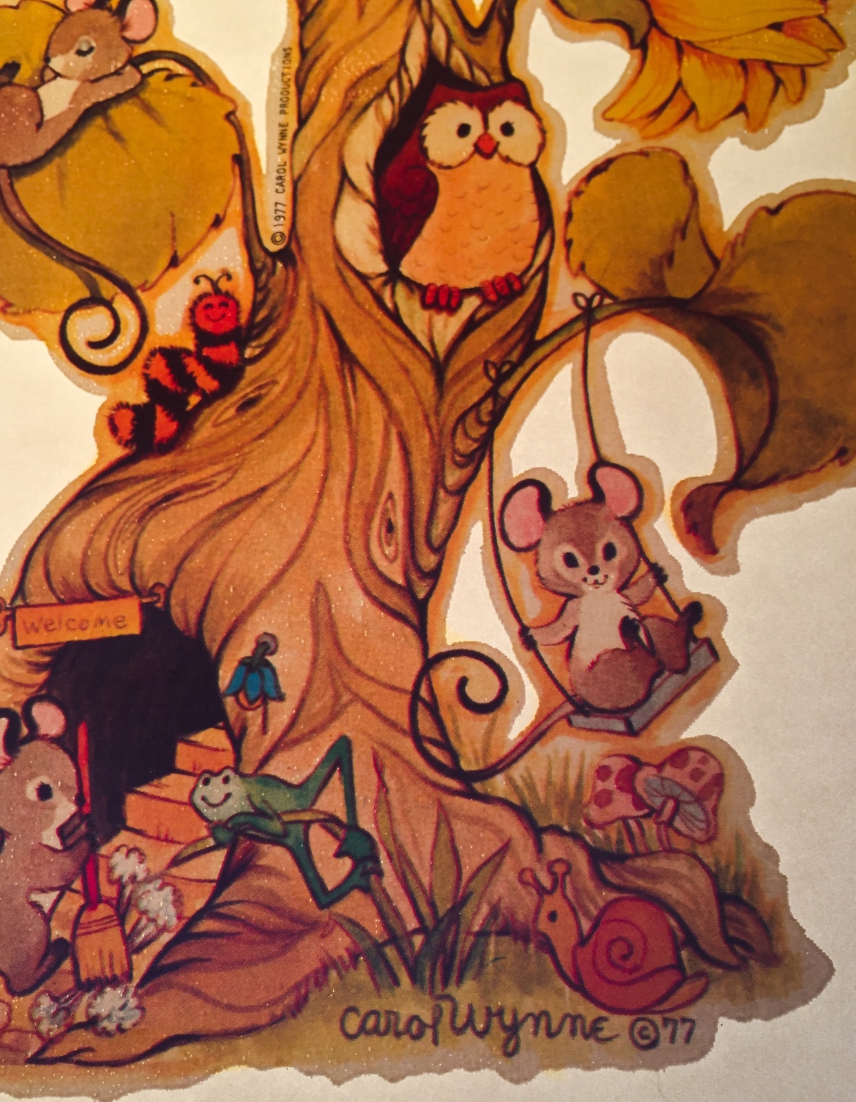 vtg 70s Woodstock Folk Art cartoon Owl Mouse Carol Wy… - Gem