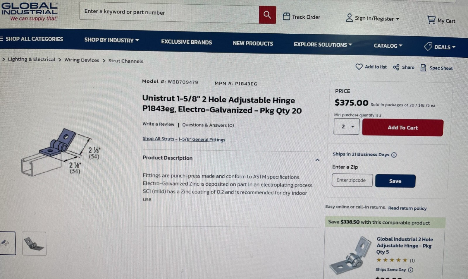 Unistrut P1843-EG, 1-5/8" Strut, 2-Hole, Adjustable, Channel Hinge ...