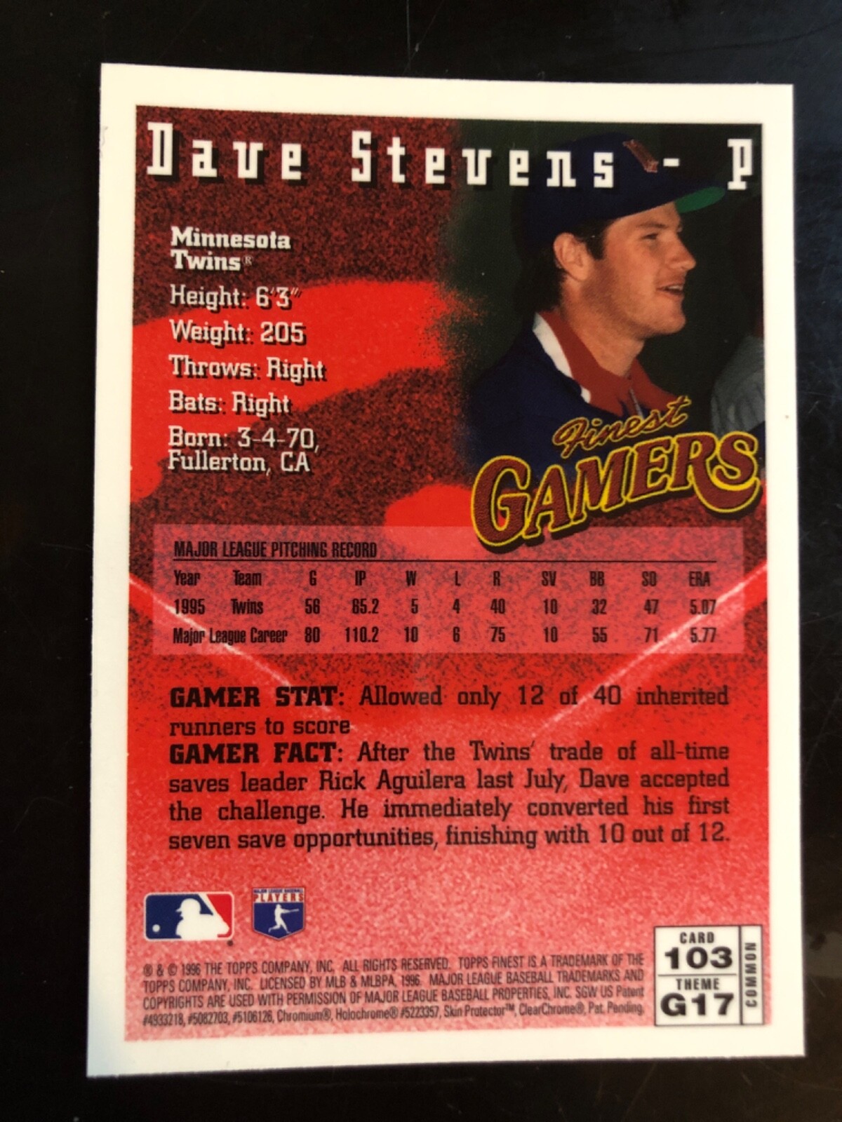 1996 Topps Finest Gamers Common #103 Twins Dave Stevens Baseball Card ...