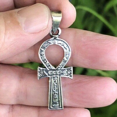 Very nice HEAVY SOLID SILVER ANKH Scarab Fancy pendant Egyptian Cross ...