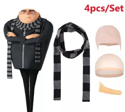 Despicable Me Gru Halloween Cartoon Cosplay Costume Bald Cap Scarf Nose ...