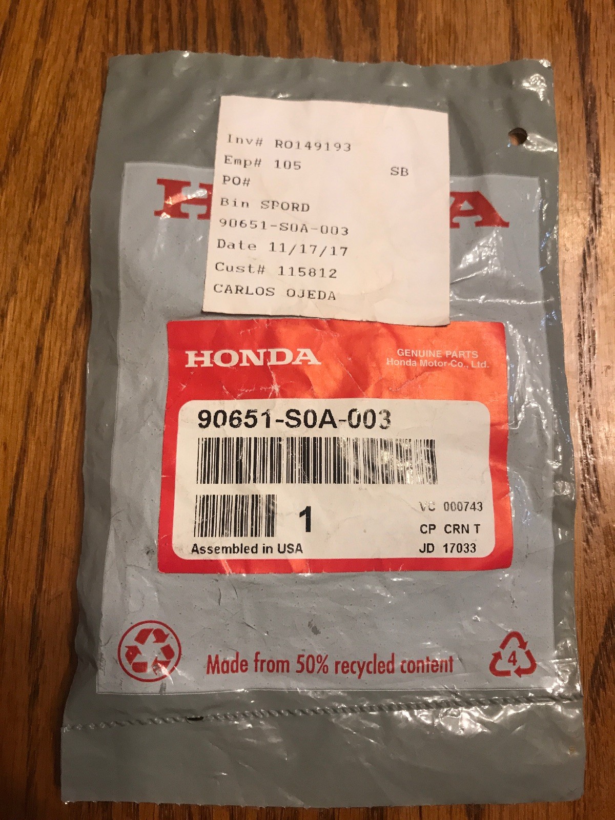 Genuine Parts Honda Motor 90651-S0A-003 QTY1 Carlos Ojeda Ships N 24h ...