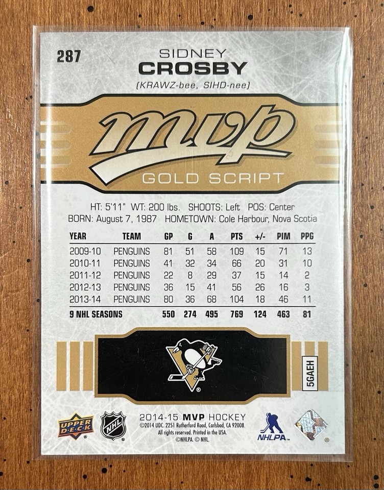 2014-15 Upper Deck Sidney Crosby #287 MVP Gold Script /100 Pittsburgh ...