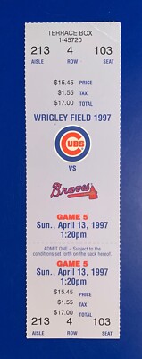 1997 Chicago Cubs & Atlanta Braves at Wrigley Field Full Ticket ...