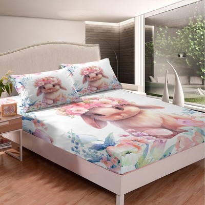 Cute Rabbit Fitted Sheet Queen Size Kids Cartoon Bunny Animal Bedding ...