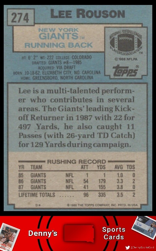 1988 Topps #274 Lee Rouson New York Giants Football Card | eBay