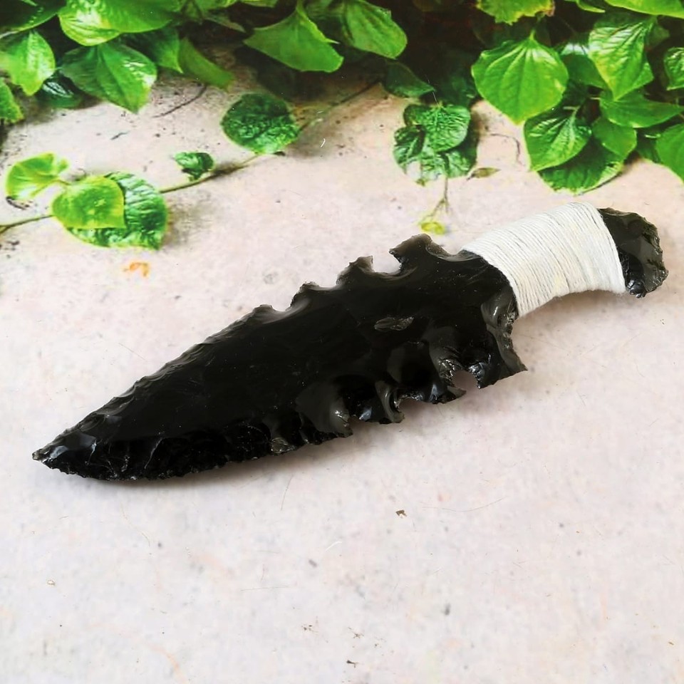 6” Black Obsidian Dagger, Handcrafted Knife with White Thread Viking ...