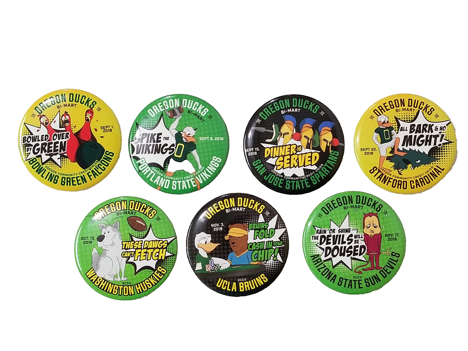 2018 Oregon DUCKS Football PINS Bi-Mart COMPLETE SET of 7 BUTTONS PAC ...