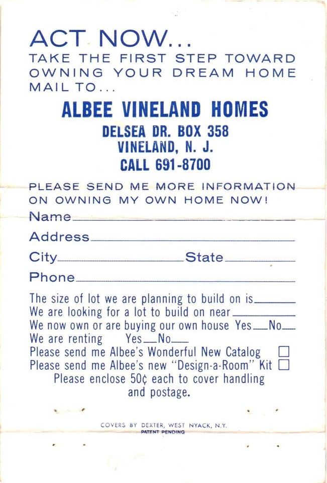 Vineland New Jersey Albee Vineland Homes Vintage Matchbook Cover | eBay UK