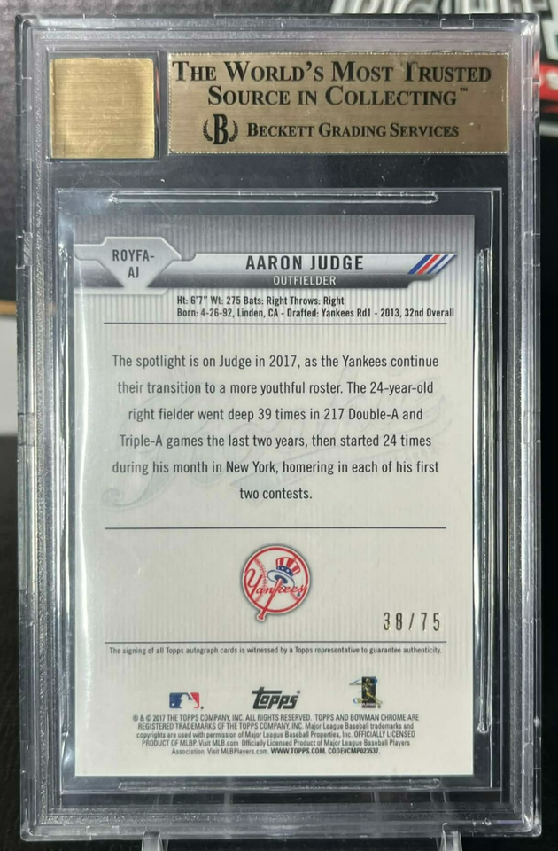 2017 BOWMAN CHROME MEGA AARON JUDGE RC ROOKIE AUTO ROY FAVS 38/75 BGS 9 ...