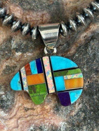 Native American Bear Multistone Turquoise Inlay Sterling Silver Pendant ...