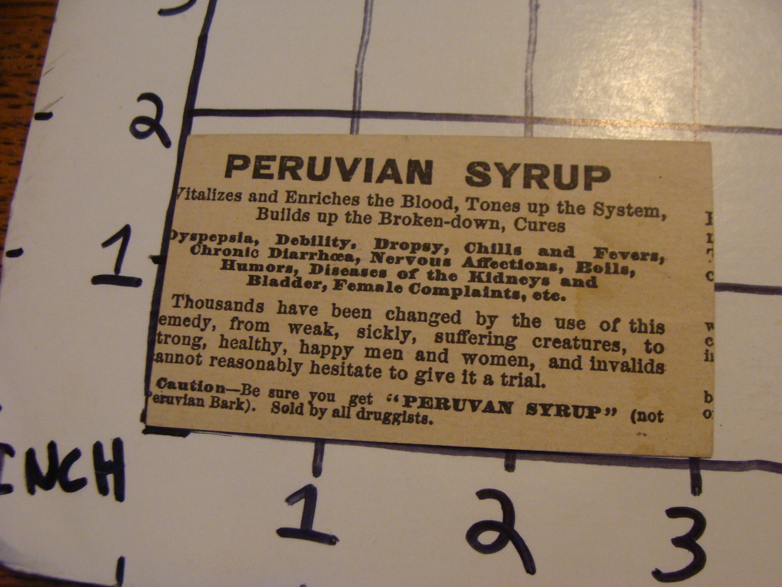 Vintage advertising: PERUVIAN SYRUP CURES, colorful card double sided ...