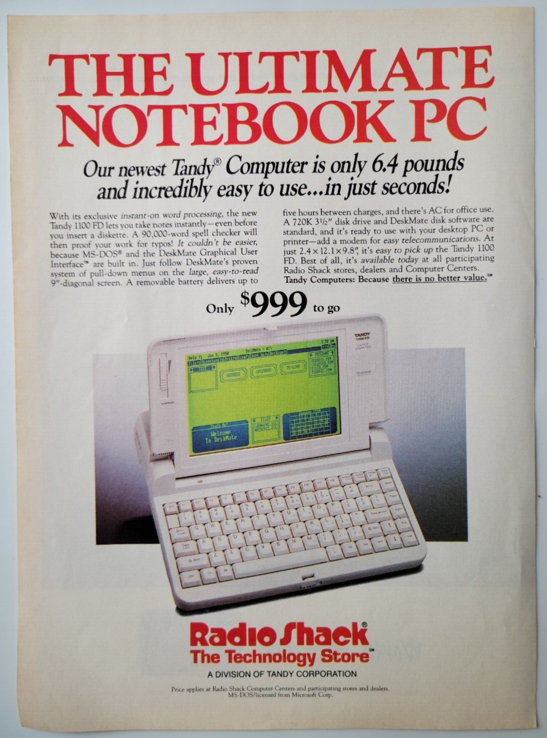 Radio Shack Tandy 1100 FD Laptop Notebook Computer Original Ad SI 1990 ...