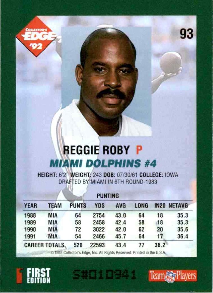 1992 Collectors Edge Reggie Roby Miami Dolphins #93 | eBay
