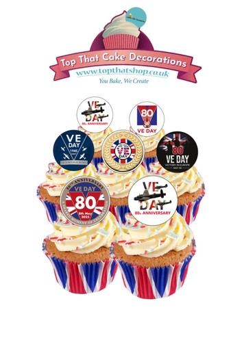 24 PRECUT VE Day 80th ANNIVERSARY Victory WW2 Edible Wafer Cupcake Cake ...