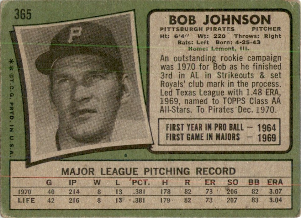 1971 TOPPS BOB JOHNSON PITTSBURGH PIRATES #365 VG- VG/EX | eBay
