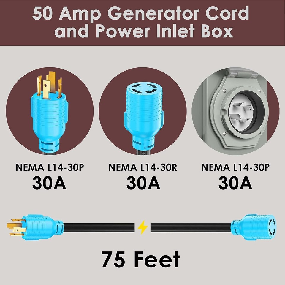 15~100 FT 30Amp Generator RV Power Extension Cord NEMA L14-30P/R Power ...