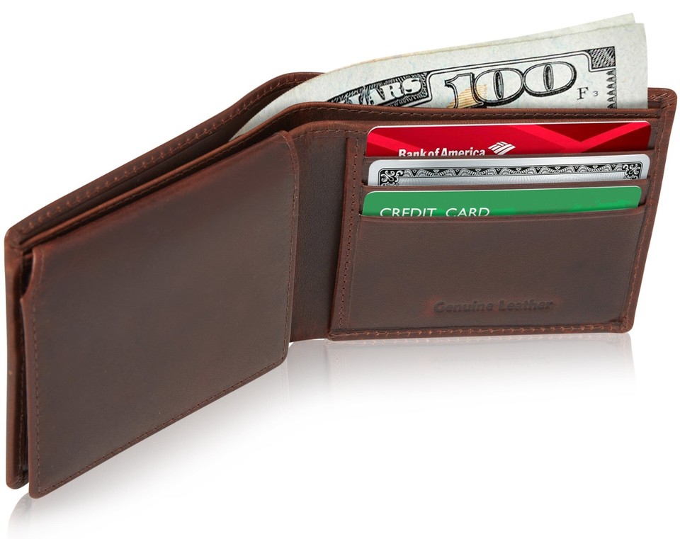Genuine Leather Mens Wallets Bifold W/ Flip-UP Card Holder For Men RFID ...