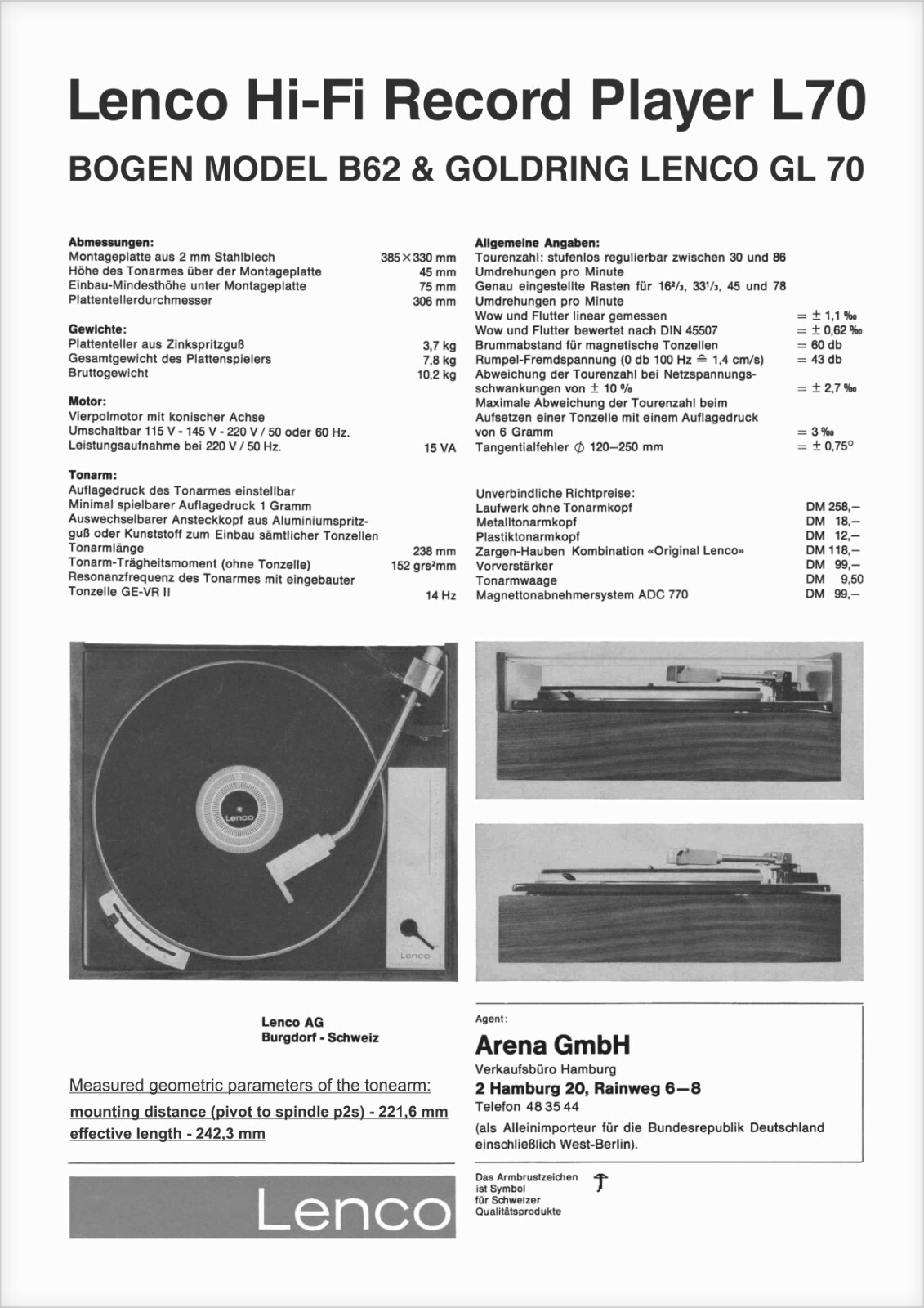 Lenco L70 / Bogen B62 / Goldring Lenco GL70 Custom Designed Tonearm ...