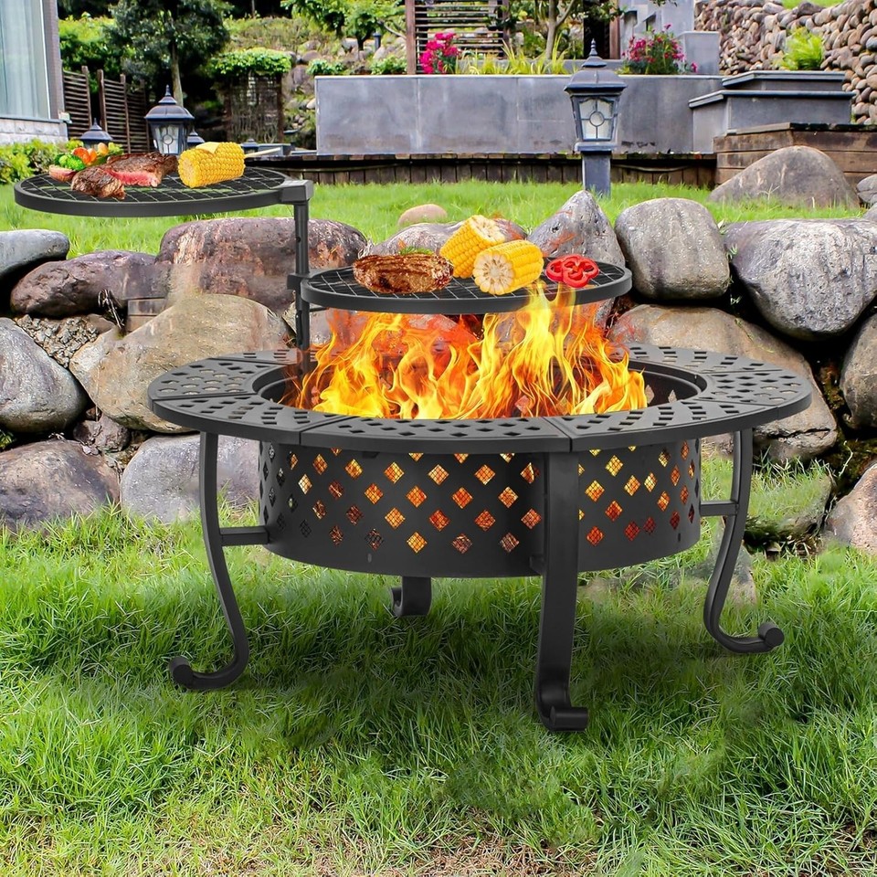 42 Inch Fire Pit with 2 BBQ Grills Wood Burning Fire Pits for Outside ...