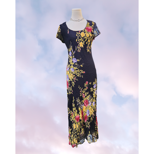 Vtg Black Floral Colorful Beaded Long Maxi Formal Whimsi Goth Mesh ...