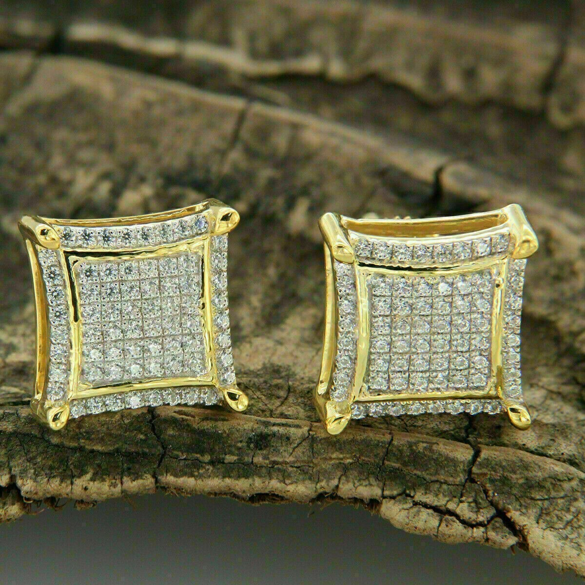 2Ct Round Cut Lab Created Diamond Men's Square Shape Stud 14k Yellow ...