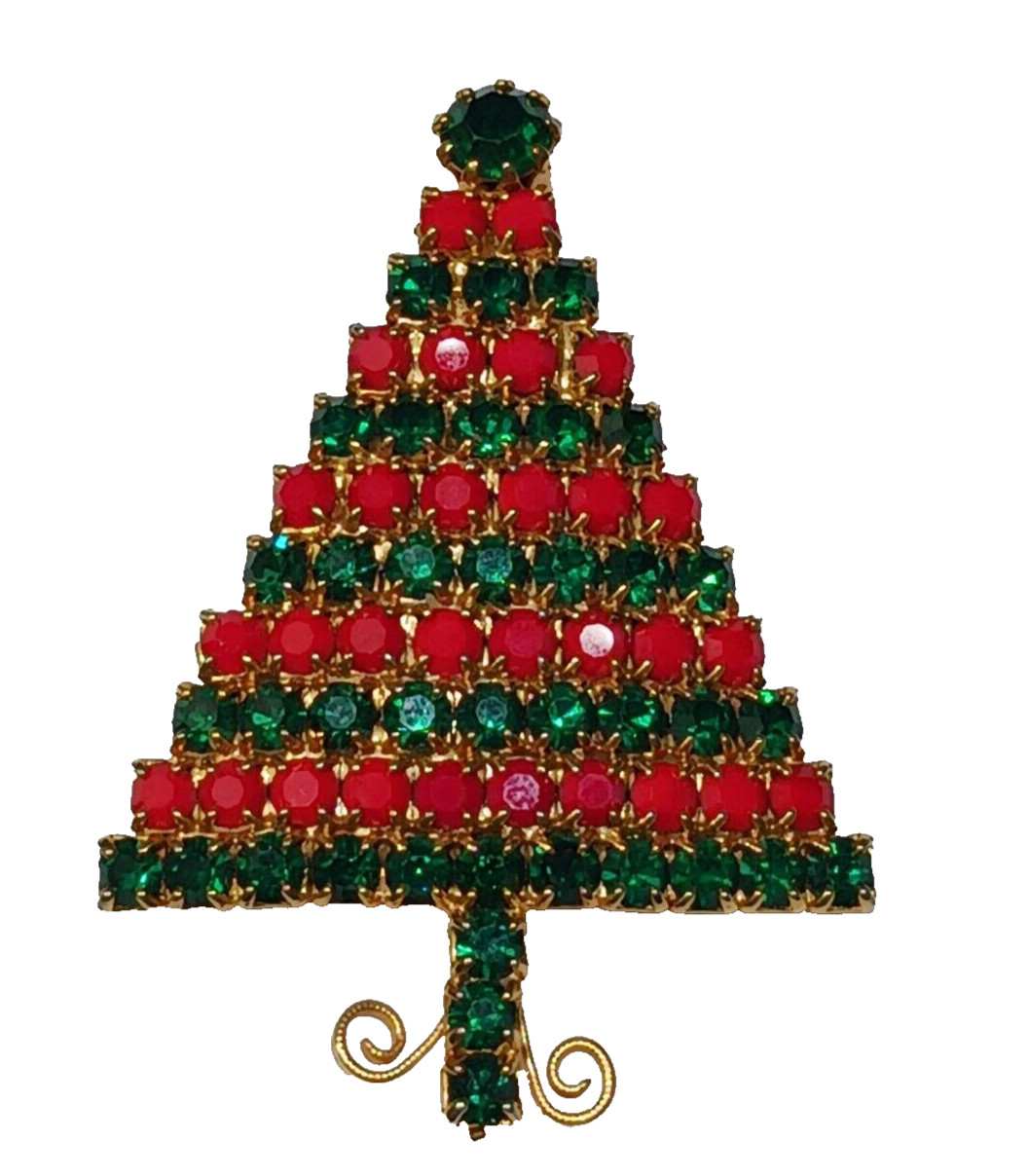Vintage Rhinestone Christmas Tree Brooch Green and Op… - Gem