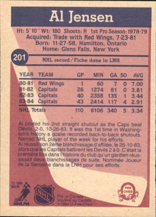 1984-85 O-Pee-Chee Capitals Hockey Card #201 Al Jensen | eBay