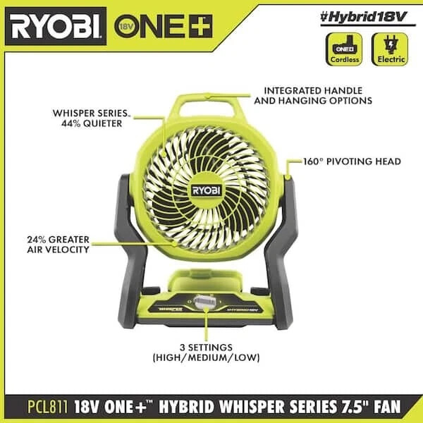 RYOBI 18V ONE+ 7-1/2" Hybrid WHISPER SERIES Fan Cordless Tool Only ...