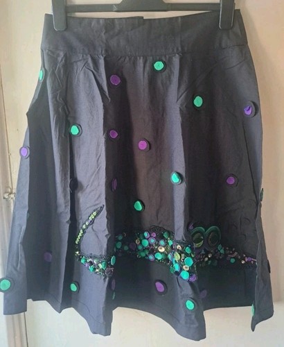 LIN Black Polka Dot A-Line Knee Length Skirt UK 10 Zip Beaded Sequin ...