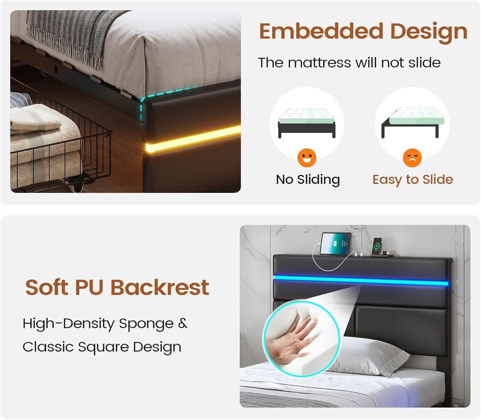 Twin Bed Frame with Storage Drawers & Headboard LED Upholstered Bed ...