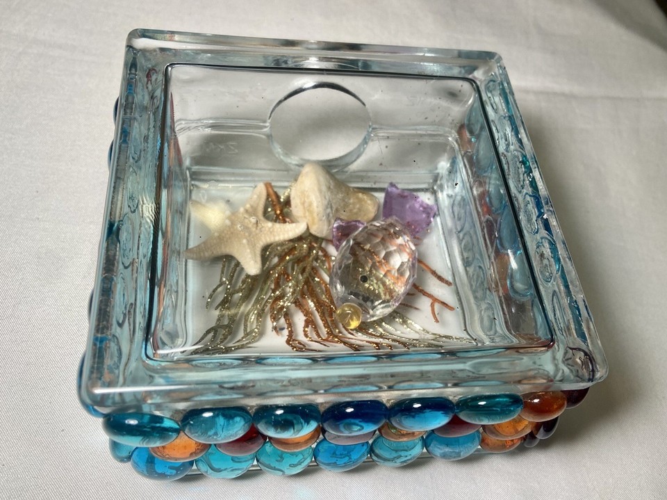 Vintage Glass Block ZKM Brick w Seashells Handmade Beach Decor Glitter ...