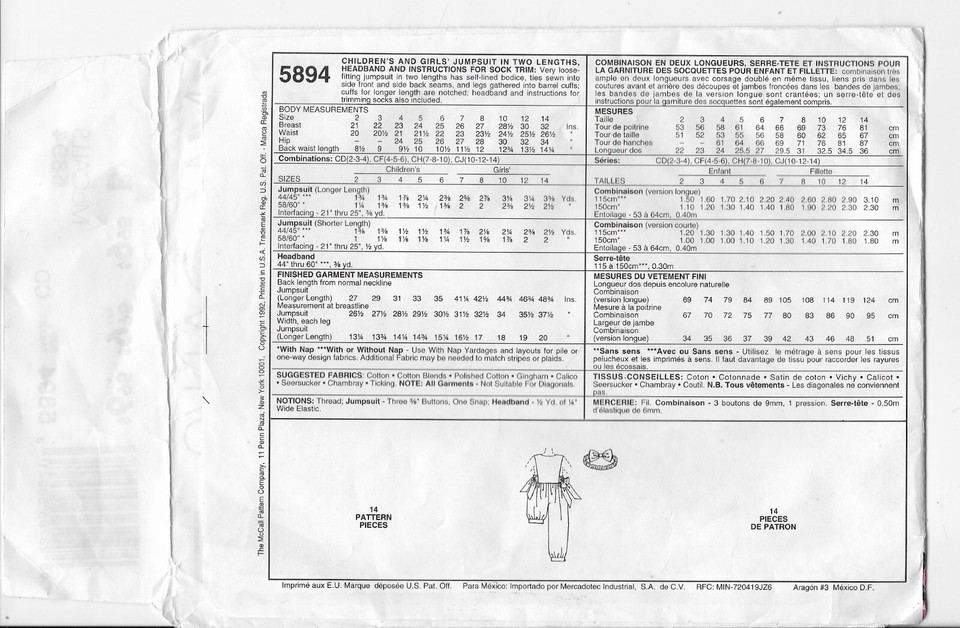 MCCALLS 5894 Girls Jumpsuit Long & Short, & Headband SIZE 2 3 4 UC FF ...