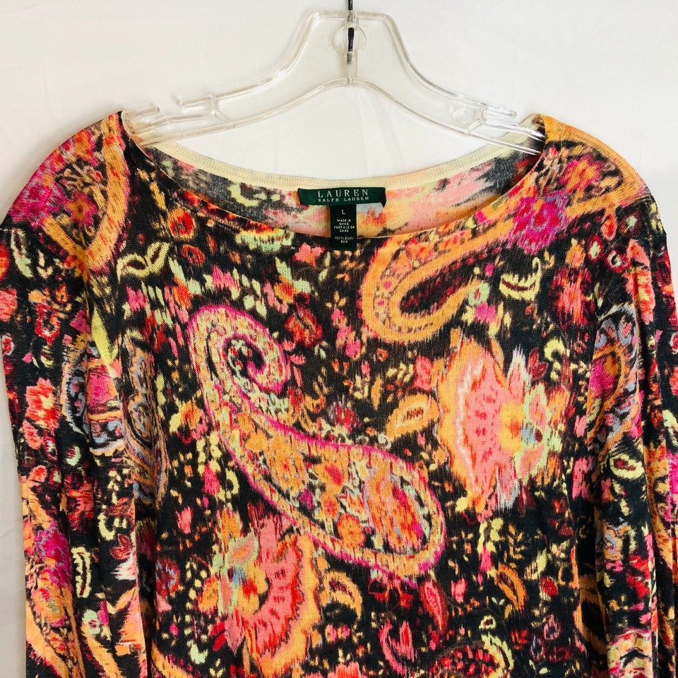 Lauren Ralph Lauren 100% Silk Paisley Long Sleeve Tight Knit Thin Top ...