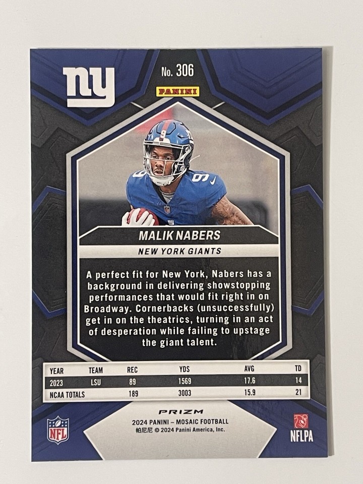2024 MOSAIC BLUE REACTIVE ROOKIE MALIK NABERS RC COLOR MATCH GIANTS | eBay