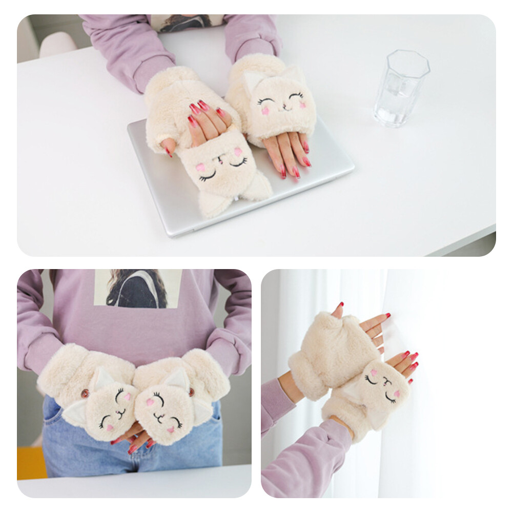 1pair Cute Cat Plush Mittens School Fingerless For Women Home Office ...